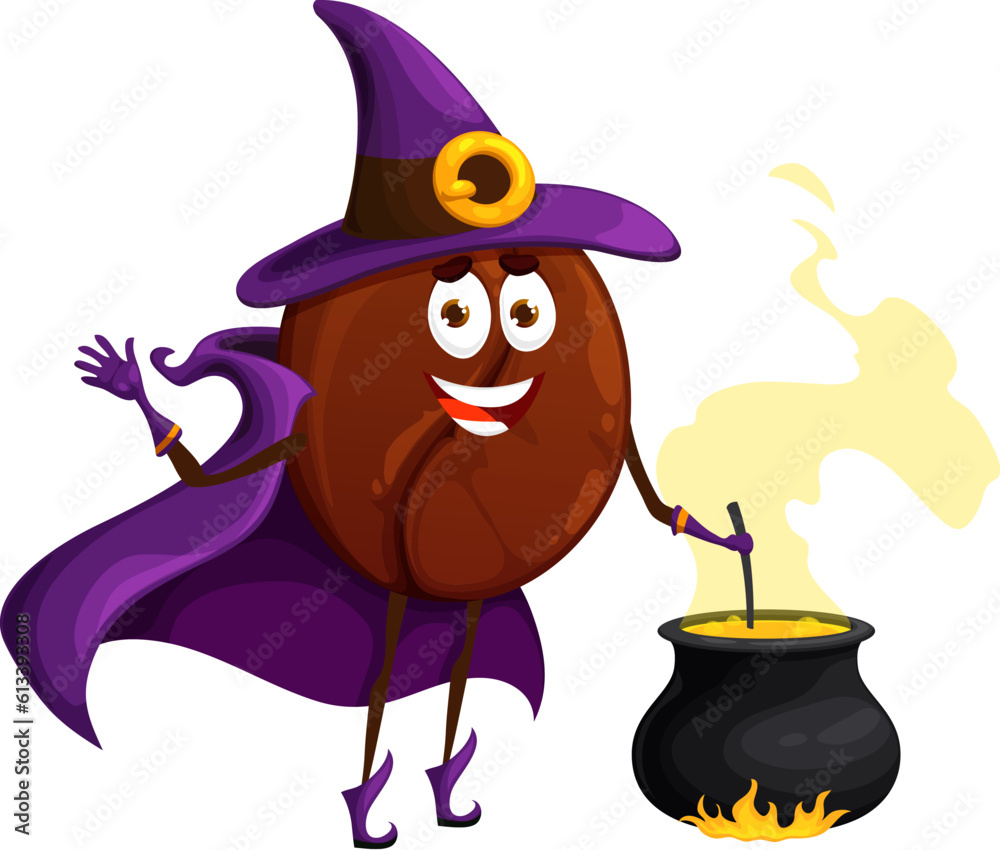 Cartoon Halloween coffee bean sorcerer character. Isolated vector funny ...