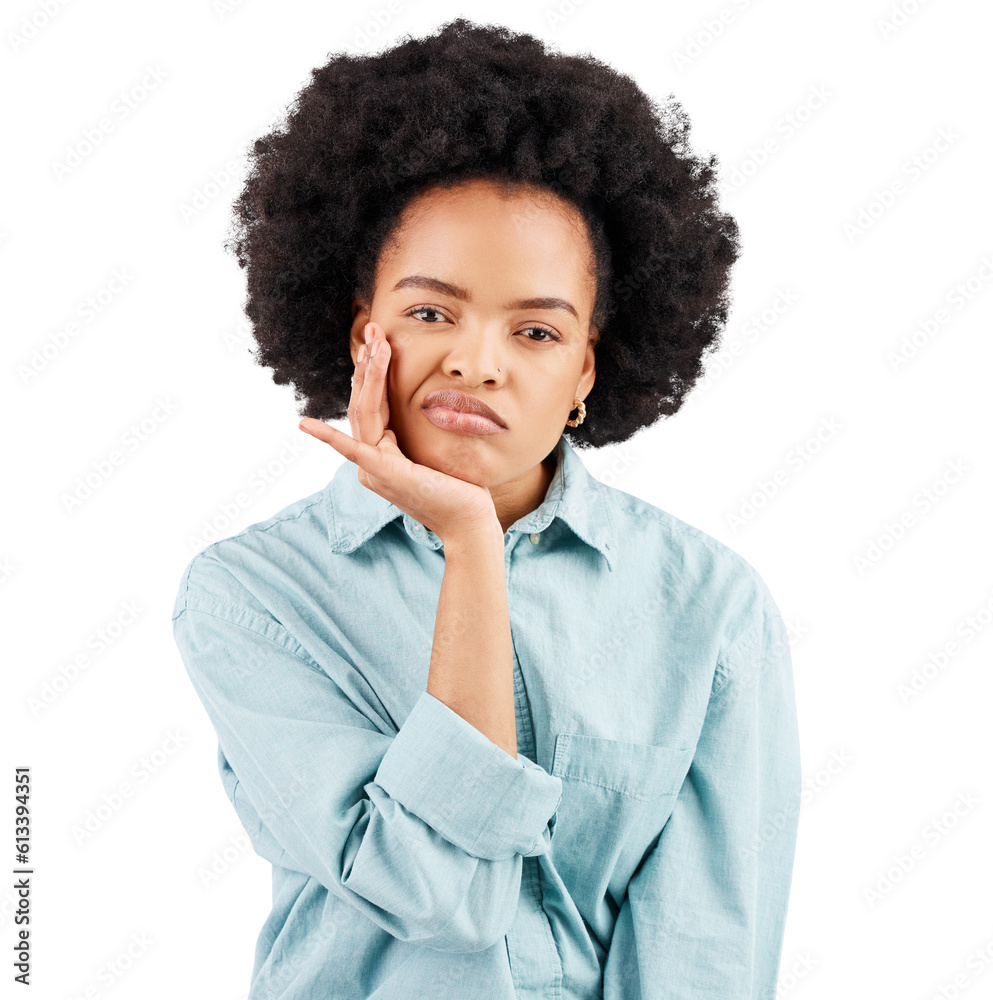 Confused, unhappy and portrait of woman isolated on a transparent, png ...