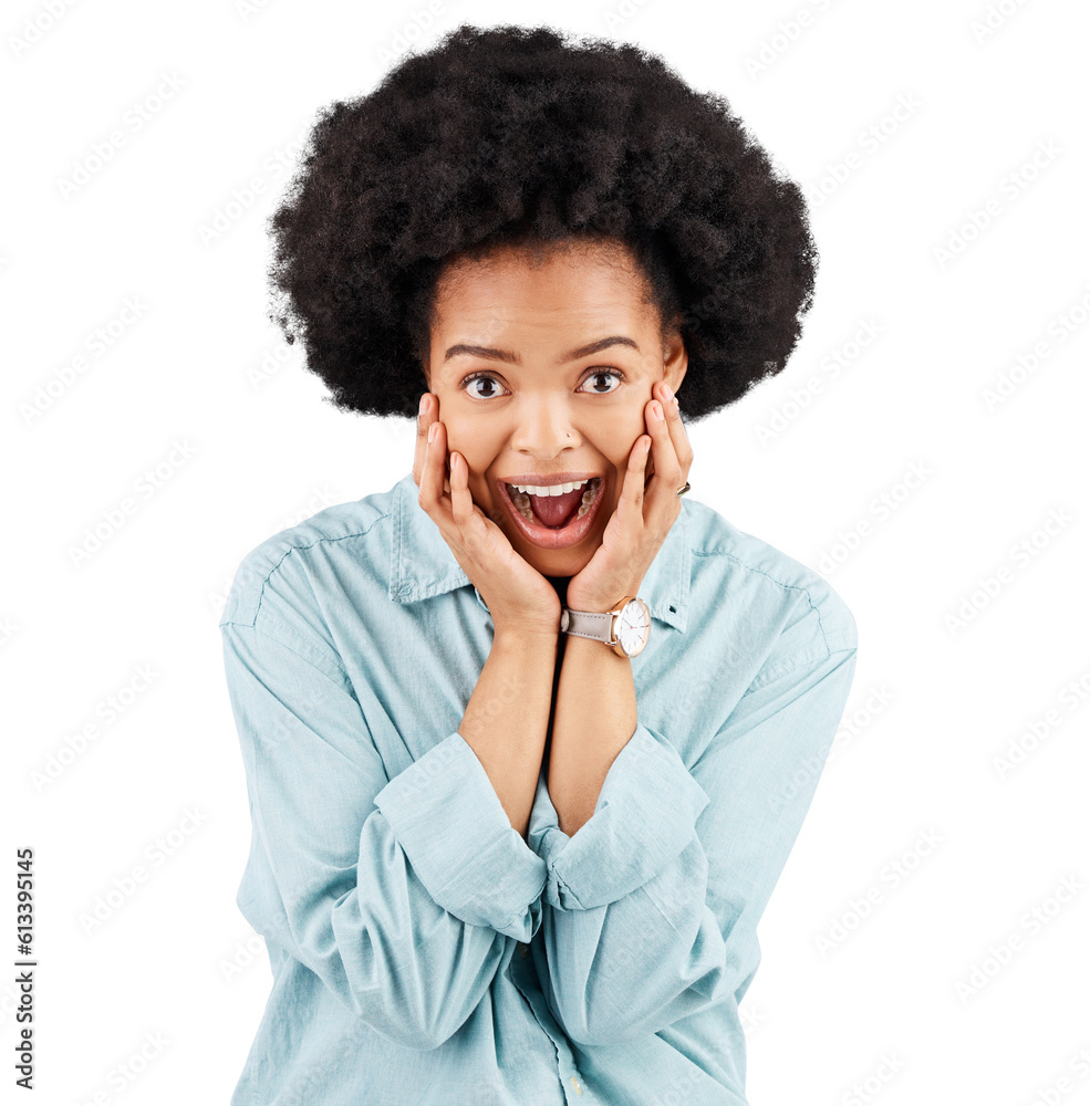 Wow, news and hands on face of black woman on isolated, transparent or ...