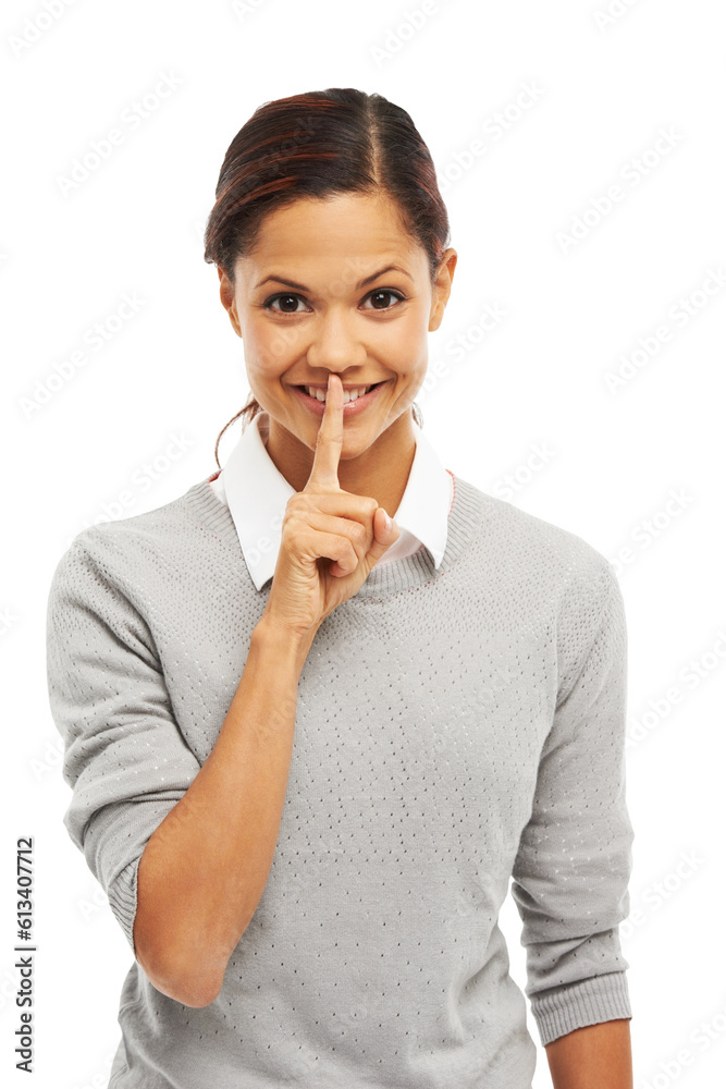 Woman, finger on mouth and secret, privacy and silence emoji with hand ...
