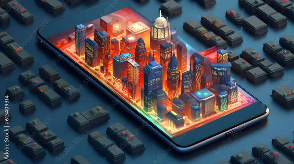 mobile phone technology with building appear on screen created with ...