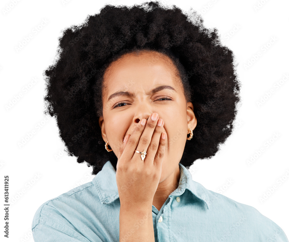 Yawn, portrait and tired black woman on isolated, transparent or png ...
