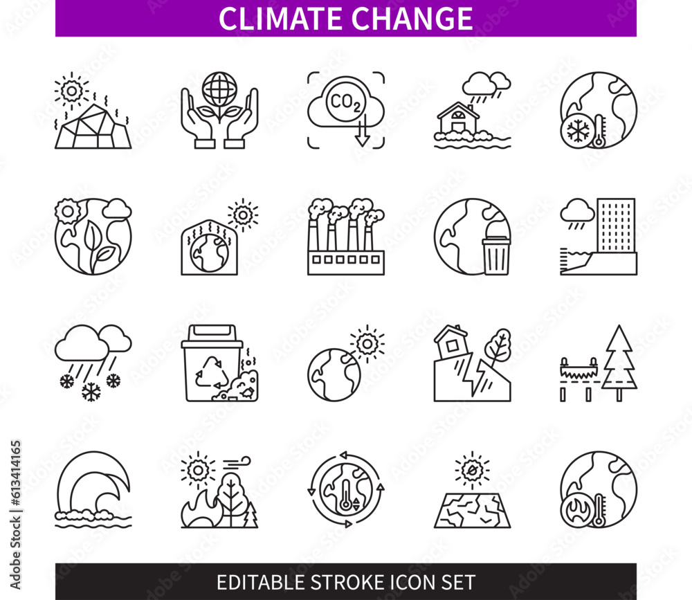 Editable line Climate Change outline icon set. Air Pollution ...