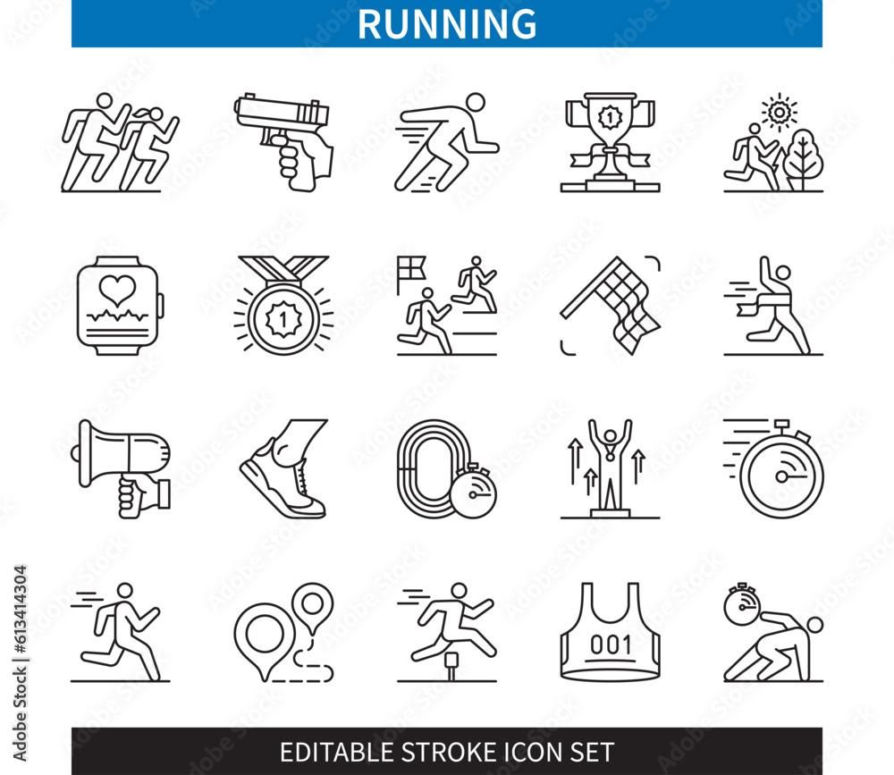 Editable line Running outline icon set. Sprint, Marathon, Win, Hurdle ...
