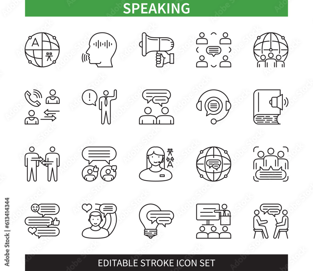 Editable line Speaking outline icon set. Voice, Communication, Language ...