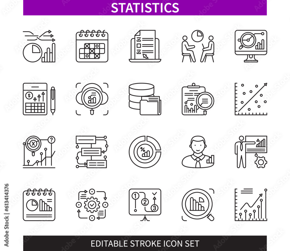 Editable line Statistics outline icon set. Monitoring, Schedule ...