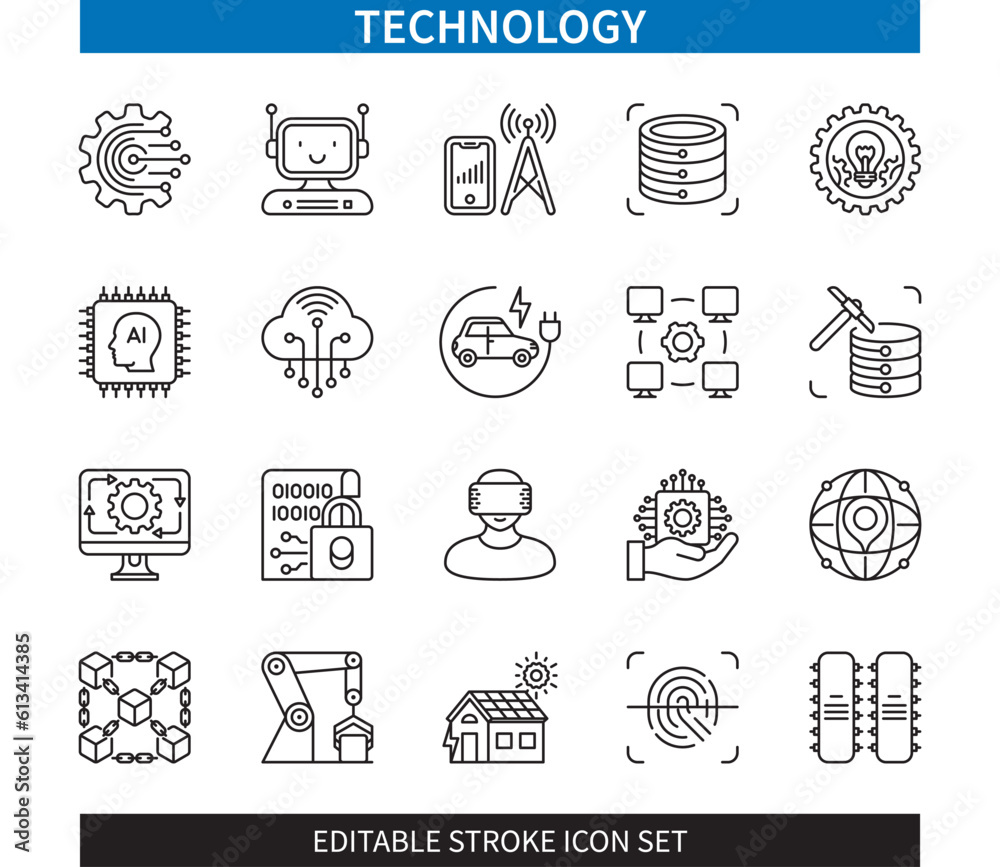Editable line Technology outline icon set. Innovation, Artificial ...