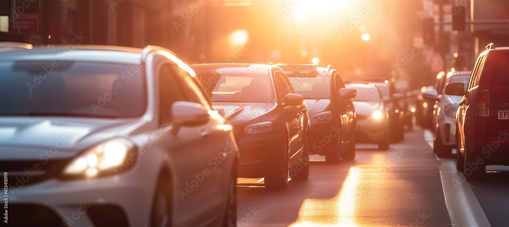 Crowded cars traffic at city downtown. Shiny afternoon background. NO ...