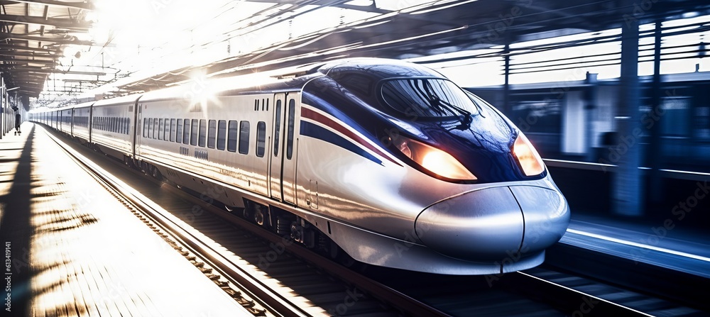 Bullet train at station background. Blurred fast motion effect ...