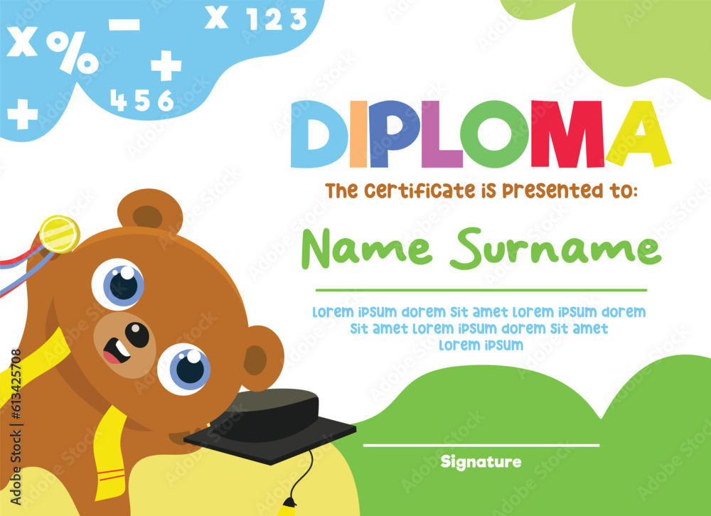 Cute diploma certificate template for preschool, kindergarten or ...