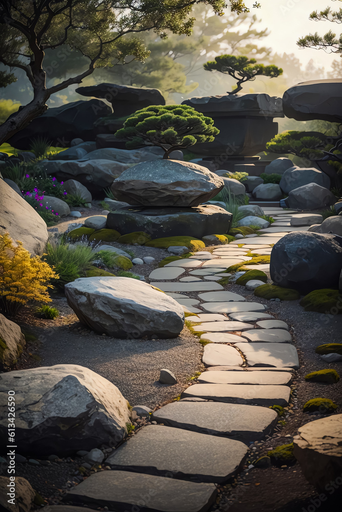 Serene Zen garden with stone pathway- Zen garden, stone pathway, serene ...
