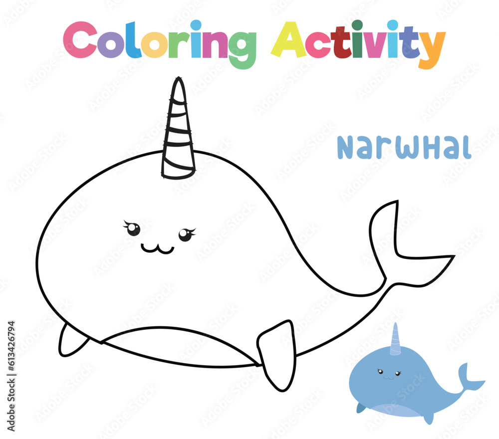 Colouring the cute cartoon narwhal fish. Coloring activity for ...