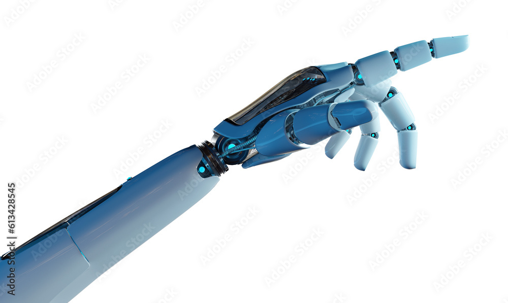 Isolated robot hand pointing finger. 3D rendering white and blue cyborg ...
