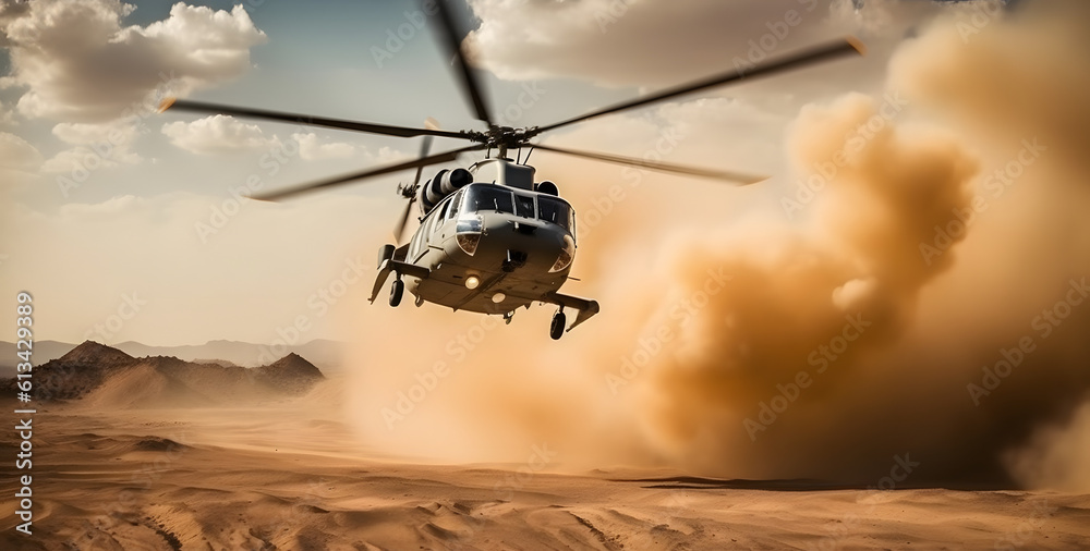 Military helicopter in active combat zone. War chopper aircraft flying ...