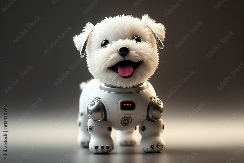 Cute robotic puppy on empty background. White happy little dog robot ...