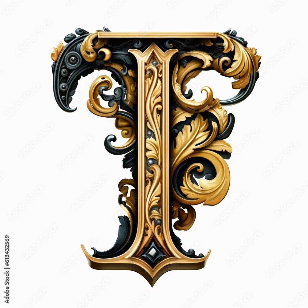 Gothic font letter t with black and gold trimming Stock Illustration ...