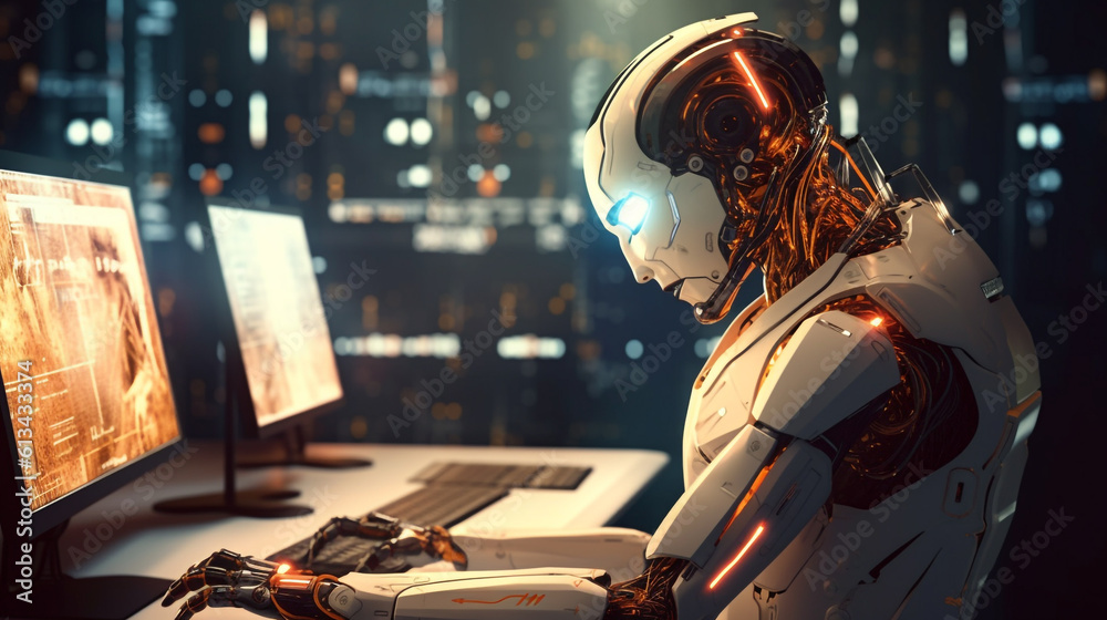 Humanoid robot working with a computer in a dark room. Robot typing on ...