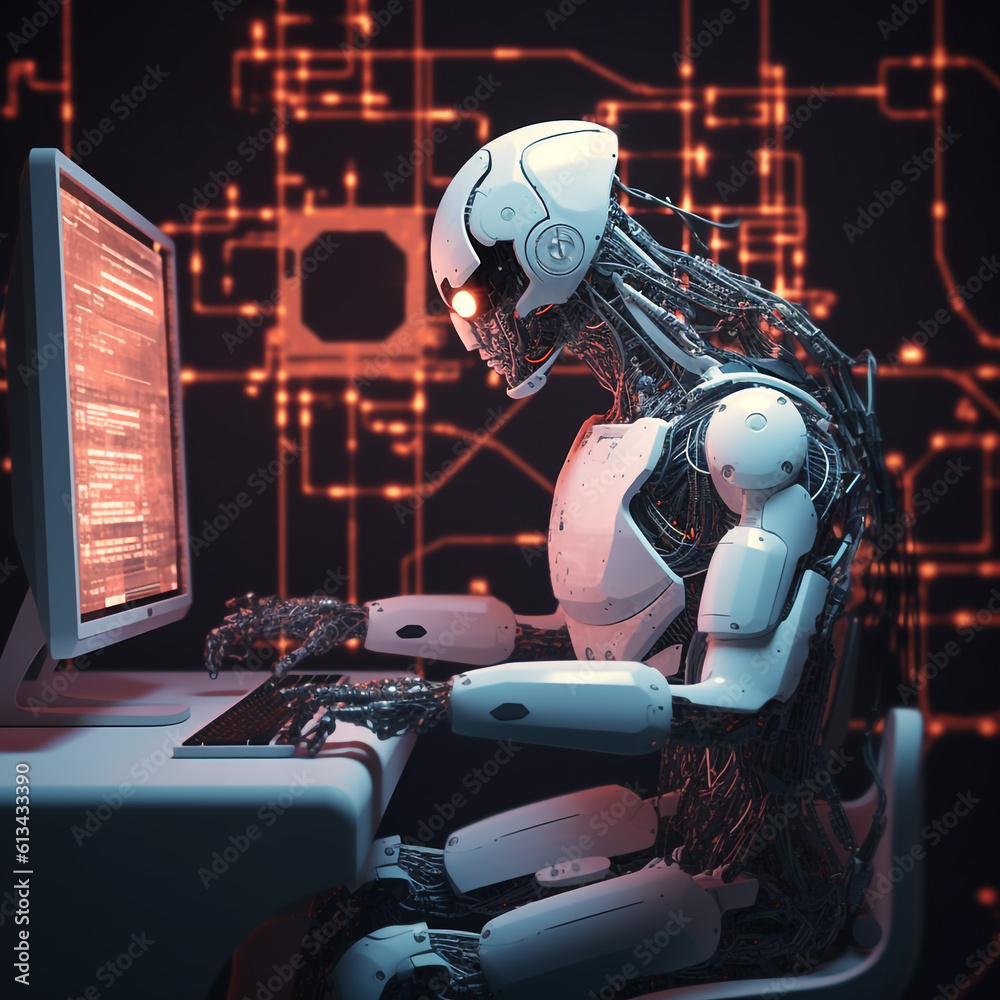 Humanoid robot working with a computer in a dark room. Robot typing on ...