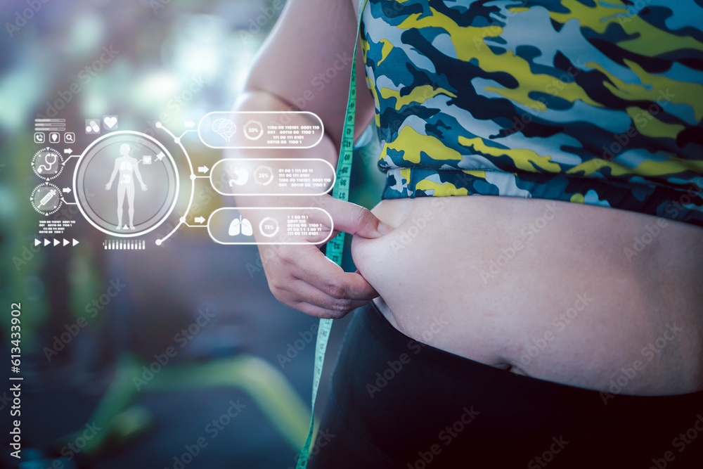 Fat Woman and weight control with virtual graphic icon diagram ...