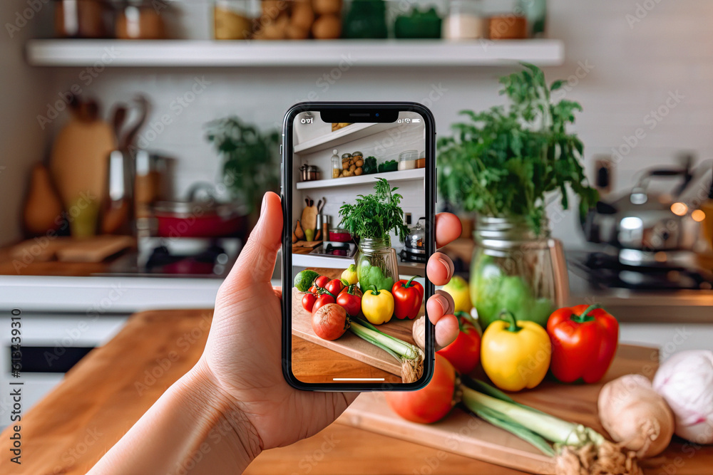 Hand In Kitchen Holding Phone With Recipe On Screen For Online Food ...