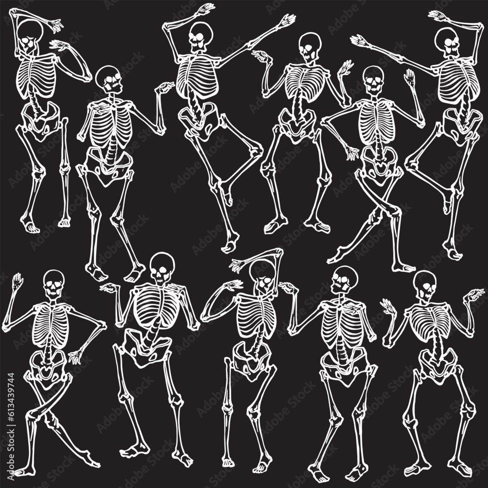 Set of dancing white skeleton on isolated black background. Collection ...