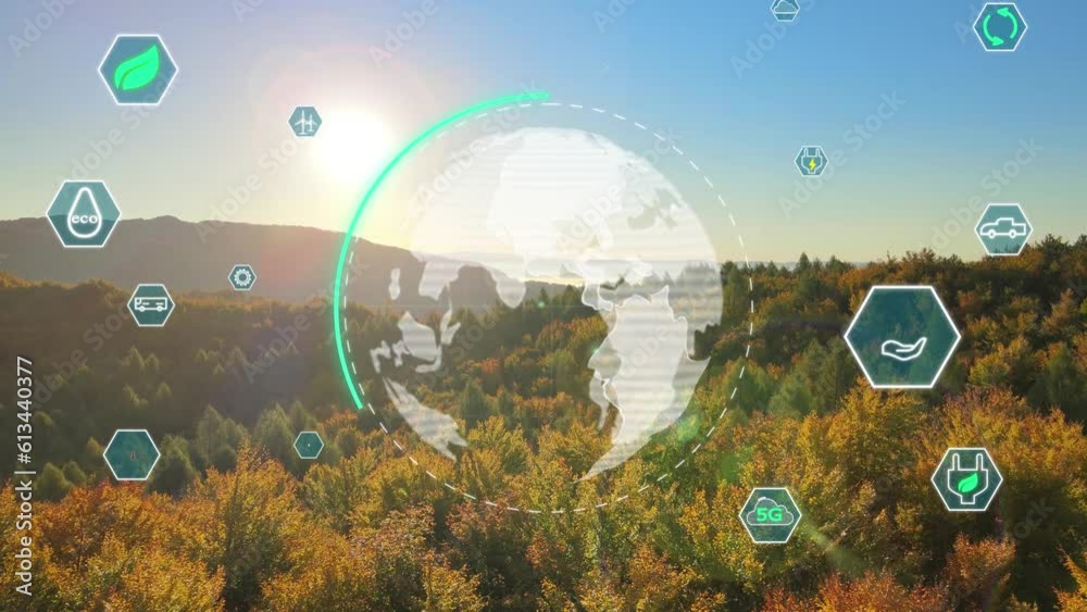 Aerial flyover dense autumnal forest landscape with visual effects ...