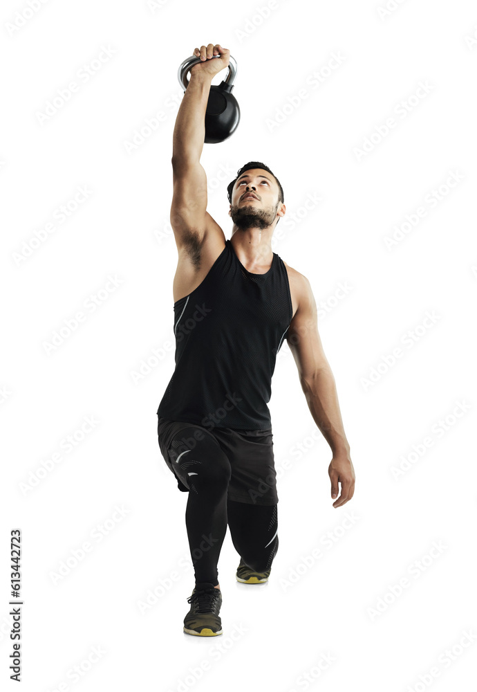 Fitness, muscular and kettlebell with a bodybuilder man isolated on a ...