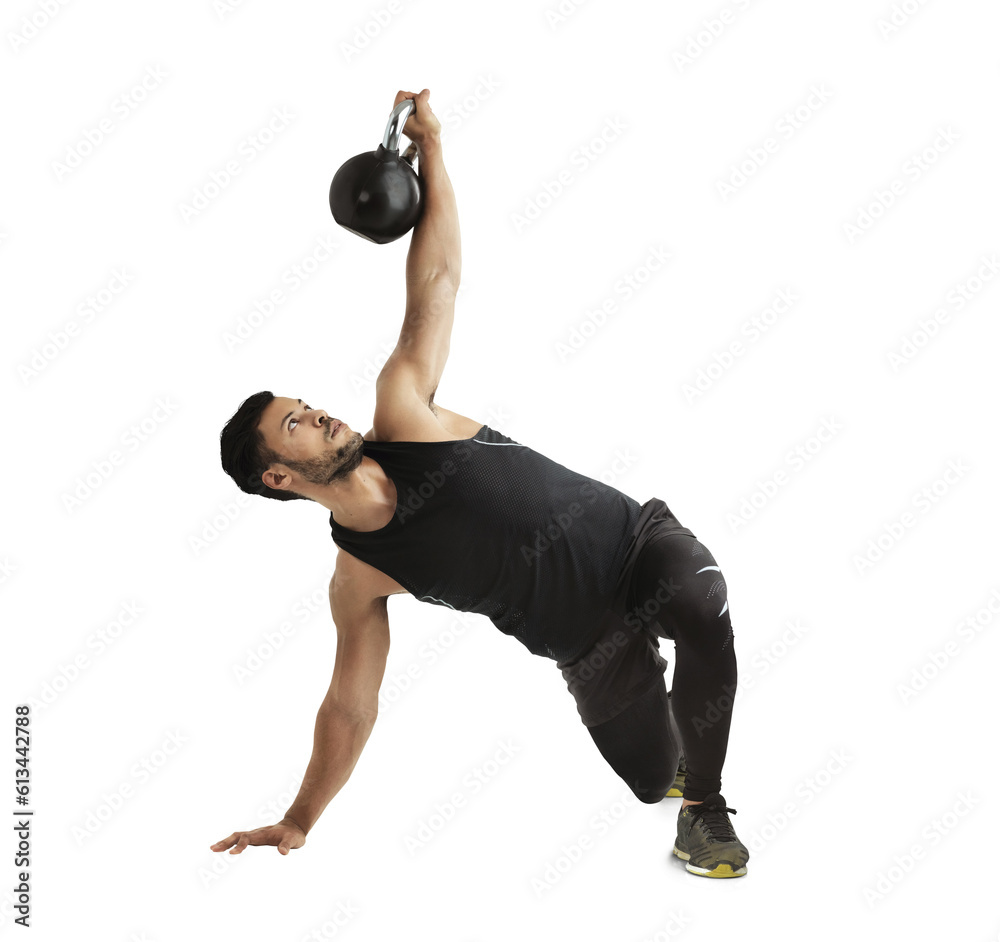 Exercise, strong and kettlebell with a bodybuilder man isolated on a ...