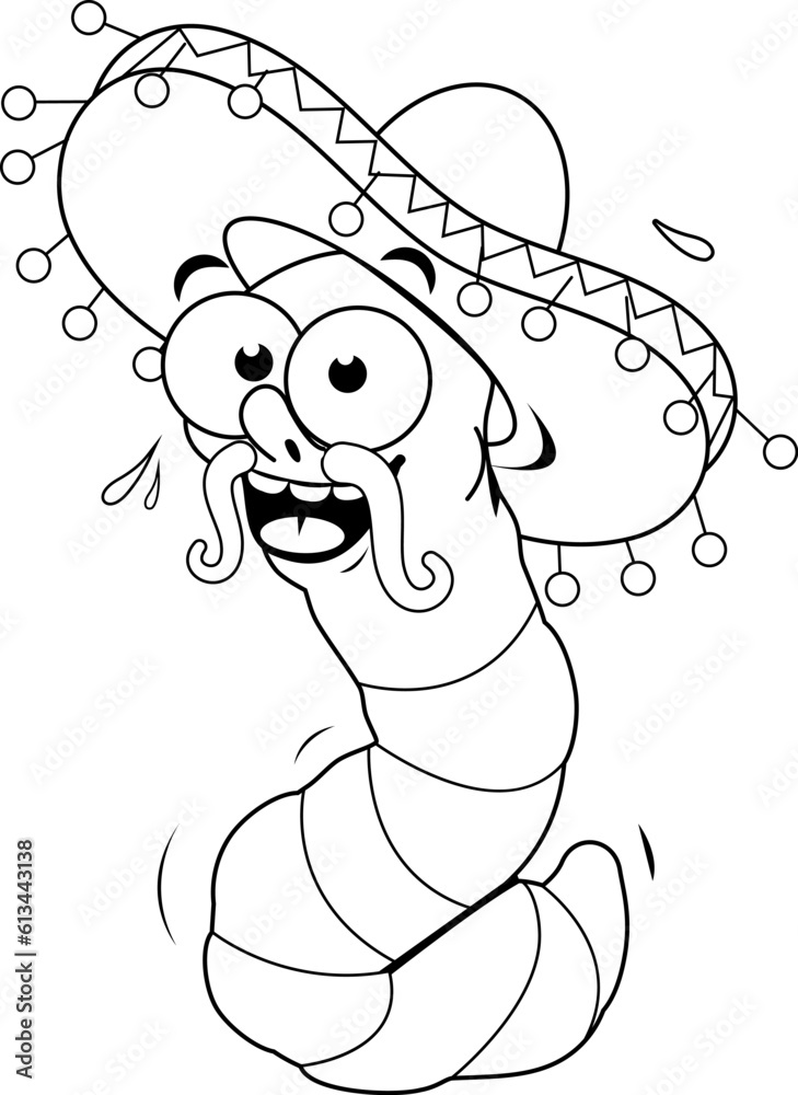Cartoon tequila worm with a Mexican sombrero hat. Vector black and ...