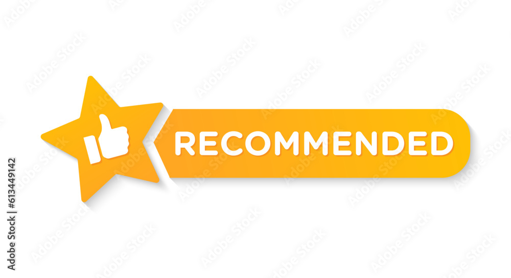Recommended sticker label design vector with thumbs up and star icon ...