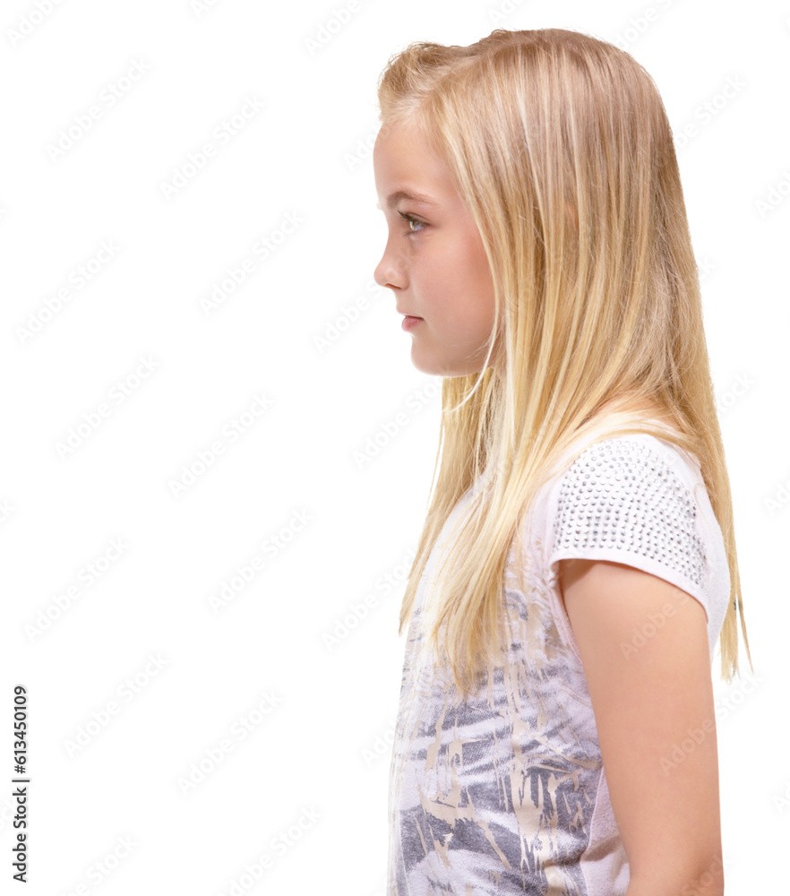 Thinking, serious and profile of a girl child on isolated, transparent ...