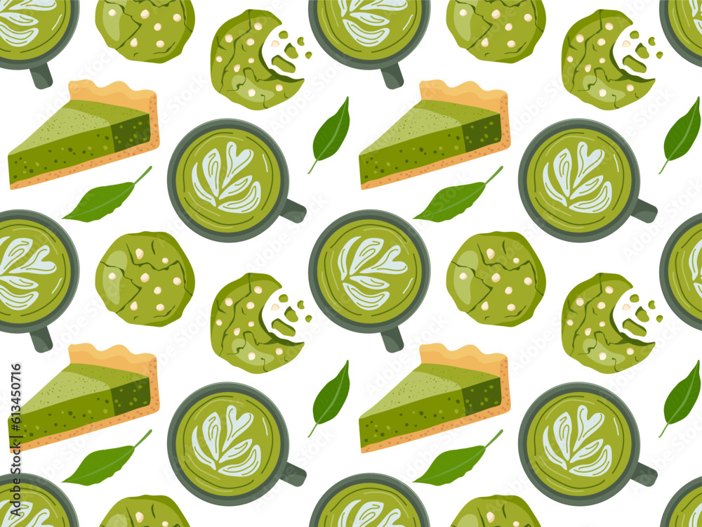 Matcha seamless pattern. Homemade vegan japanese green tea and pastries ...