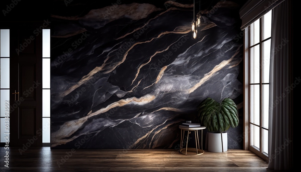 Dark modern interior with huge marble wall, premium luxury black design ...