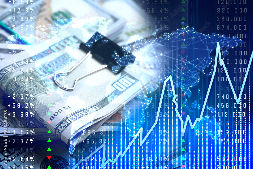 Money exchange. Multiple exposure with dollar banknotes, graphs, data ...