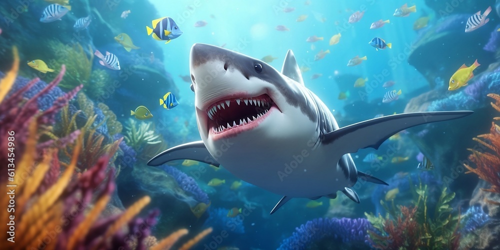 Happy and smiling shark swimming underwater with, coral reefs ...