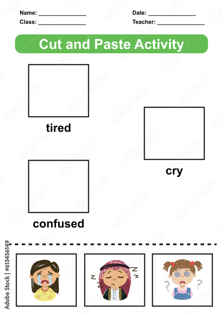 Educational game for kids. Cut and paste the emotion images. Confused ...