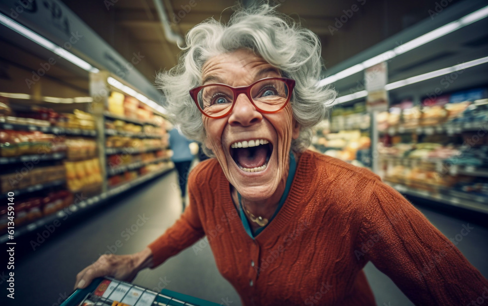 old housewife woman runs through the aisles of a supermarket with his ...