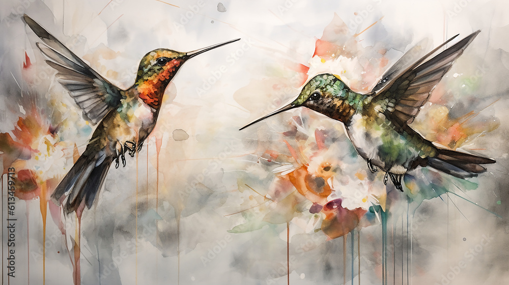 Watercolor Hummingbirds in Flight. Generative AI. A digital painting of ...