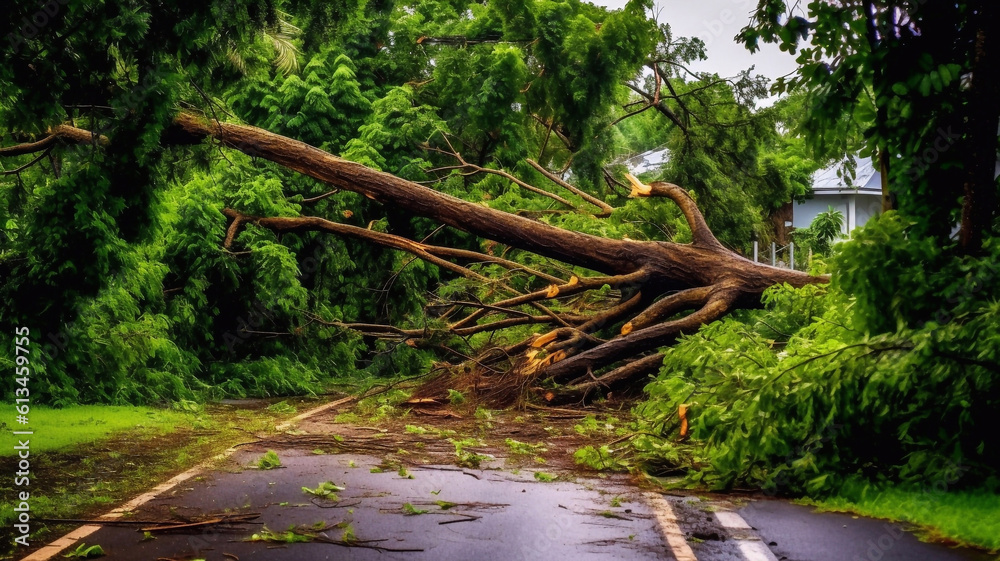 Fallen down big tree caused damage of yard fence after hurricane. AI ...