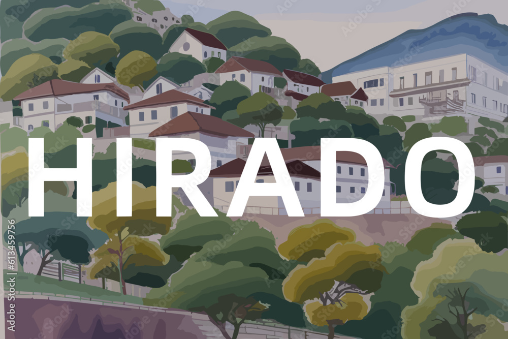 Beautiful watercolor painting of a Japanese scene with the name Hirado ...