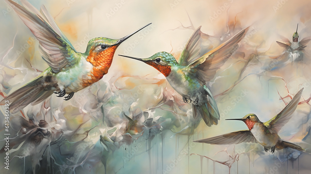 Watercolor Hummingbirds in Flight. Generative AI. A digital painting of ...