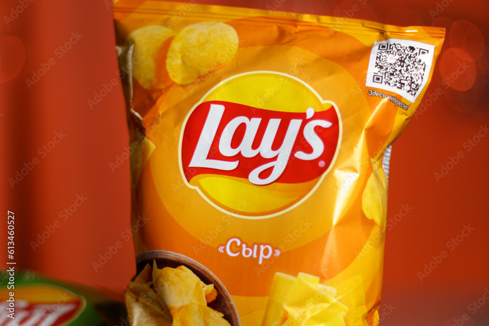 Tyumen, Russia-January 06, 2023: Lays potato chips bar, cheese flavored ...
