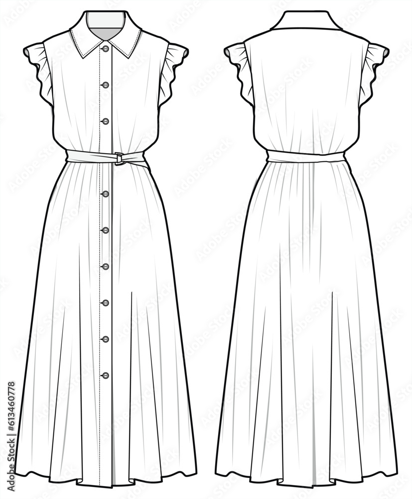Women Frilled Sleeveless Collared Maxi Shirt Dress Front and Back View ...