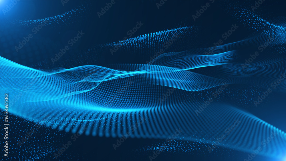 Futuristic point wave. Cyber big data flow. Blockchain data fields. Network line connect stream ...