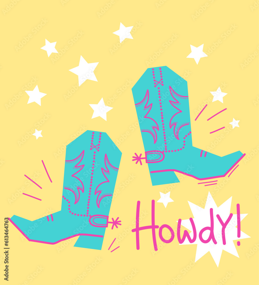 Cowboy poster howdy text with cowboy western boots. Vector cowboy happy ...