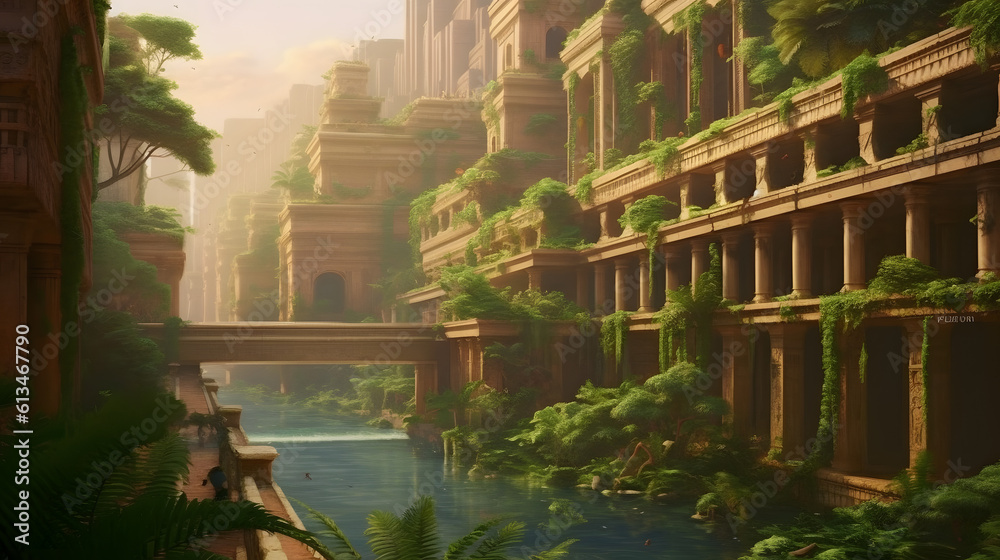 Ancient Hanging Gardens of Babylon. Plants and waterfalls in ancient ...