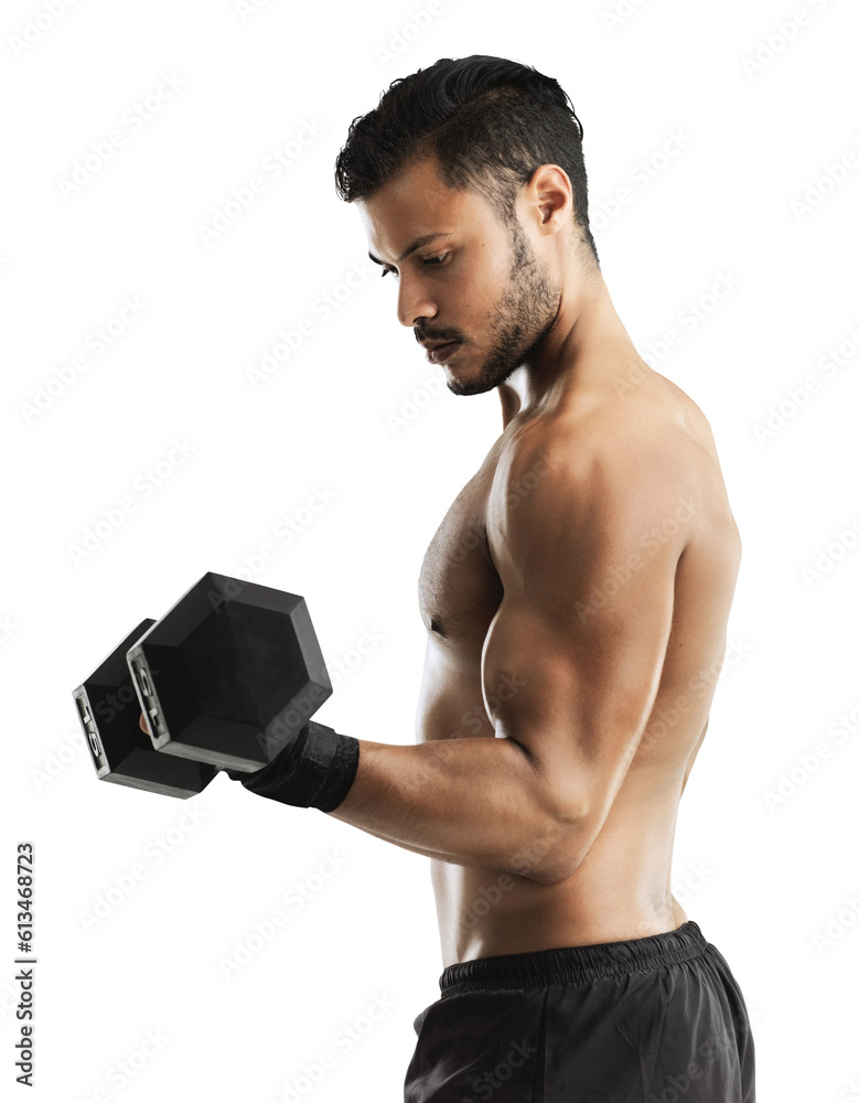 Man, workout and weightlifting with dumbbell, biceps with bodybuilder ...