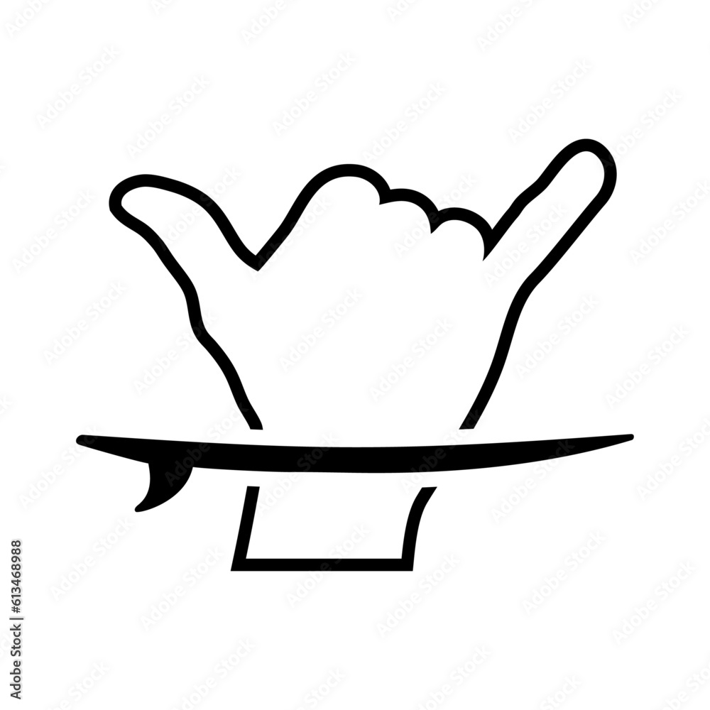 Logo club de surf. Silueta de tabla de surf sobre mano con señal shaka ...