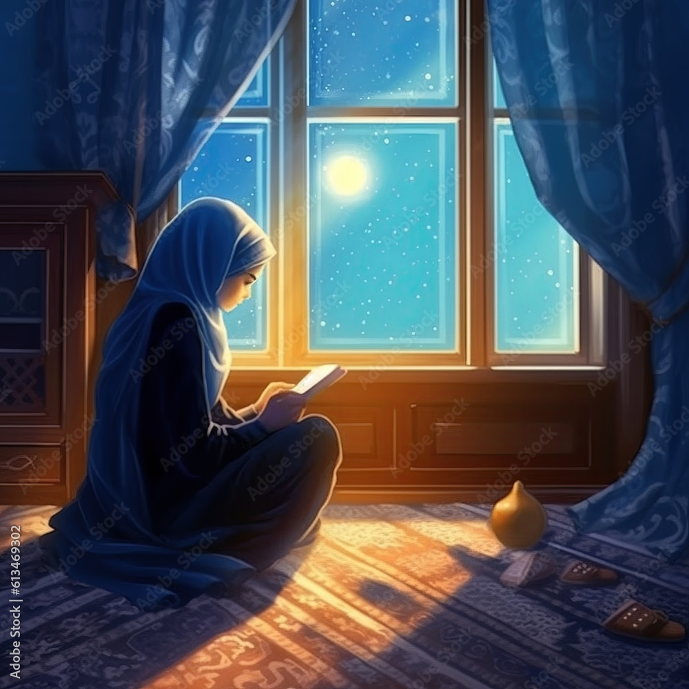 A muslim and muslim woman Recitation Reading Holy-Quran illustration ...