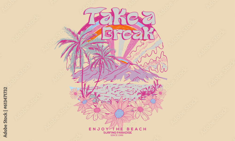 Pink summer vibes drawing. Take a break. enjoy the beach. Beach vibes ...